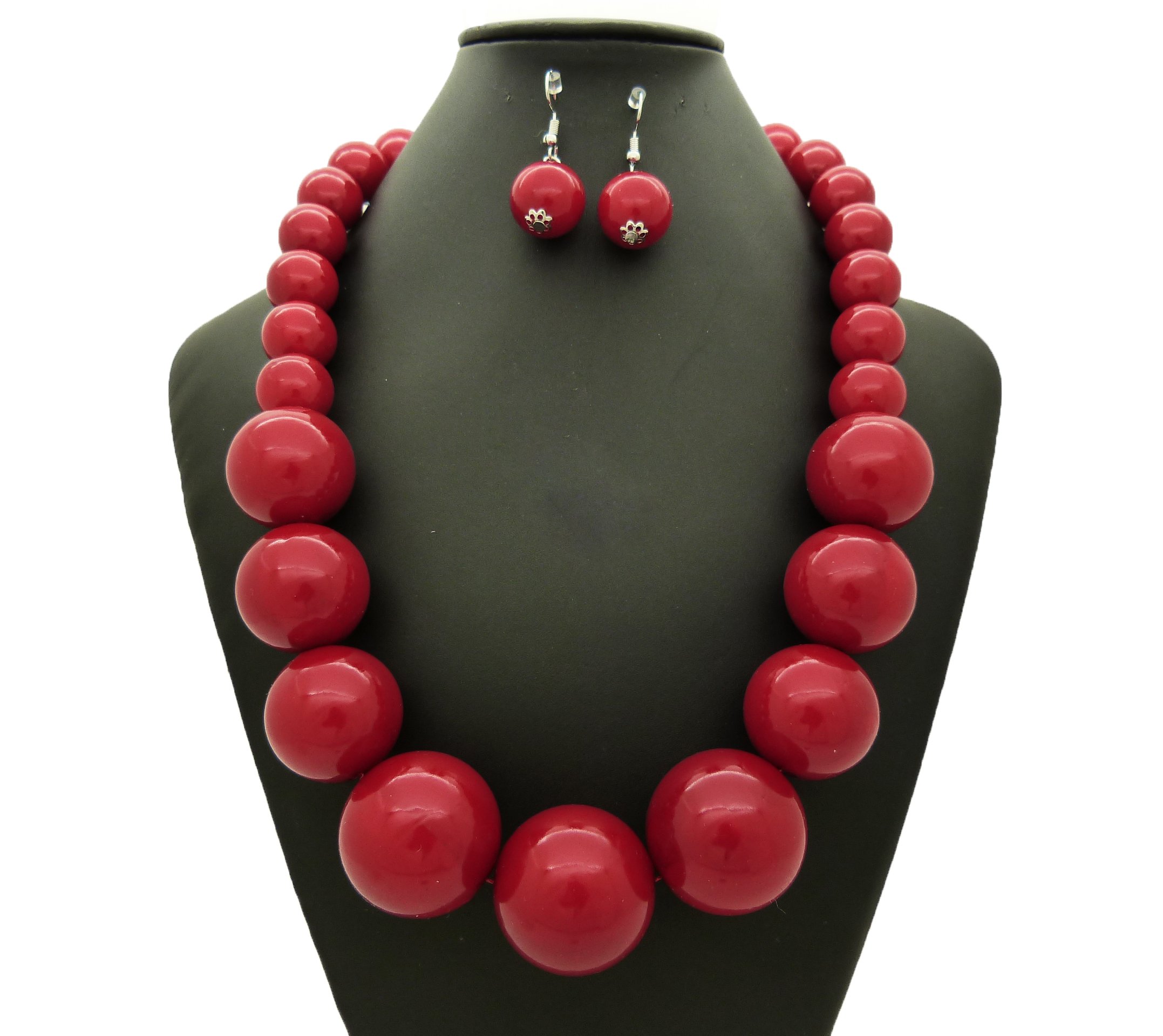 BA UNIQUE FASHION Women's Chunky Large Simulated Pearl Statement Necklace, Bracelet, Earring Set (Barn Red)