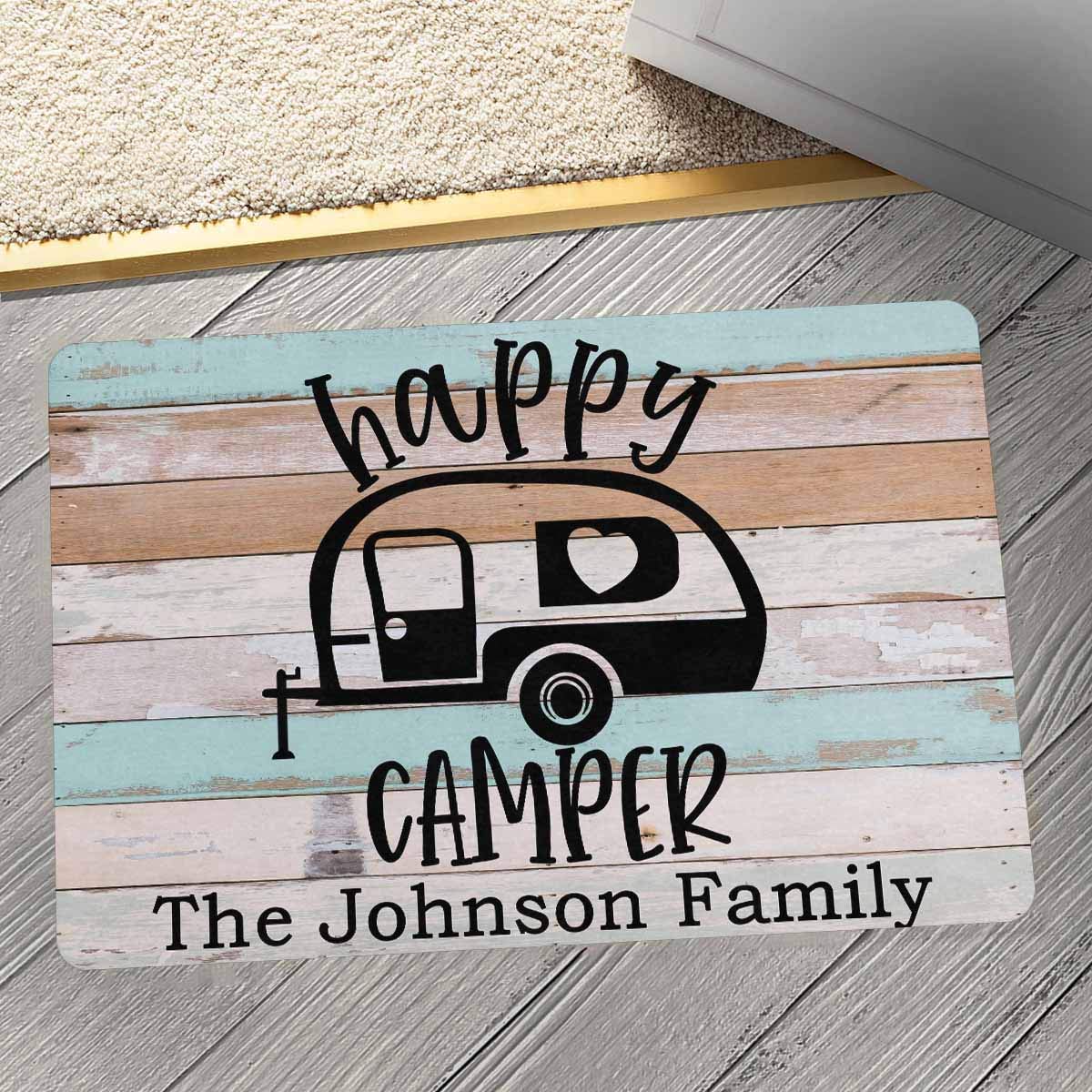 Artsadd Custom Your Family Name Doormat Personalized Camper Funny Door mat,Happy Camper, 24 x 16 Inches Indoor Outdoor Welcome Rug Rv Decor for Garden Kitchen Bedroom
