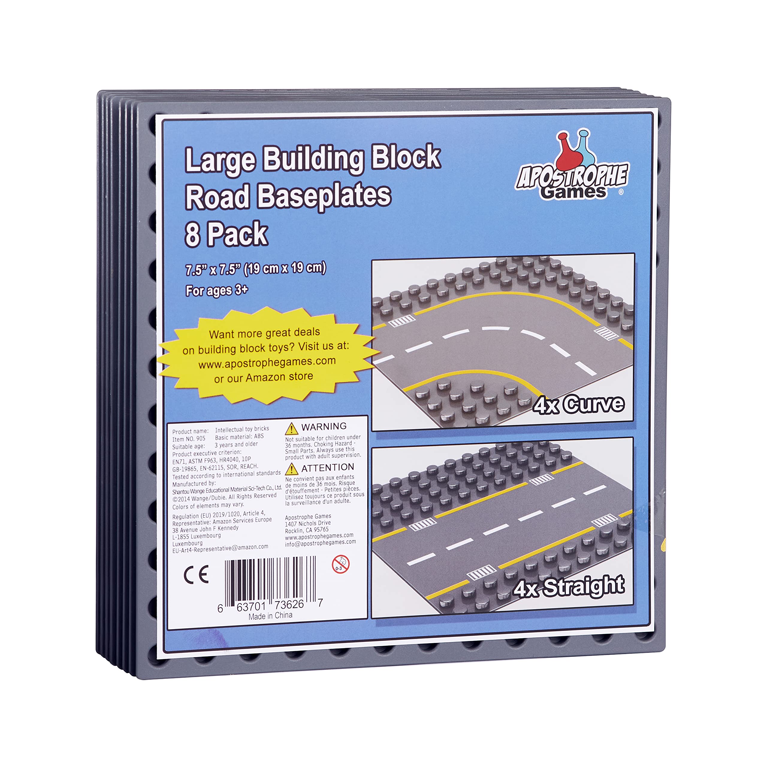 Apostrophe Games Large Building Blocks Road Base Plates Compatible with Large Building Blocks β 8Pcs Straight and Curved Road Construction Blocks β 7.5 x 7.5 Inch Street Baseplates, STEM Learning
