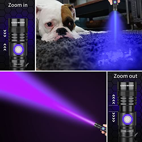 DARKBEAM UV Flashlight 365nm & 395nm Blacklight Rechargeable USB, Wood’s Lamp Ultraviolet Black Light LED Portable with Clip - Detector for Pet Cat Urine, Stains, Resin Curing, Uranium Glass, 2 Pack
