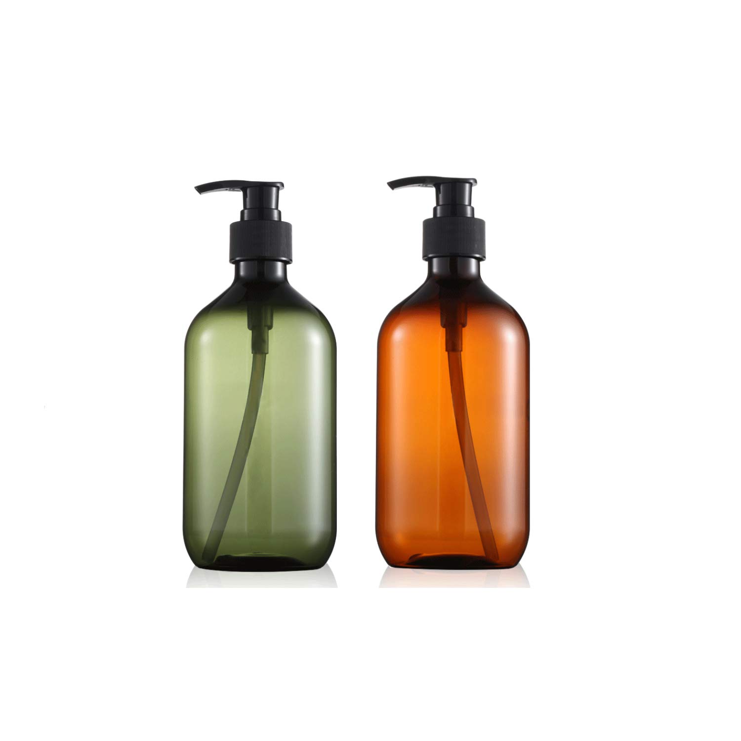 17 Ounce Plastic Hand Soap Bottles with Pump, Refillable Dispenser Bottle for Kitchen and Bathroom, Amber and Green, 2 Pcs