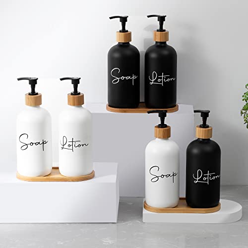 17 oz Hand Soap Dispenser Empty Glass Lotion Pump Bottles, Refillable Liquid Dish Soap Bottles for Bathroom Decor, Kitchen Sink, Matte Design and Wood Tray, Pack of 4