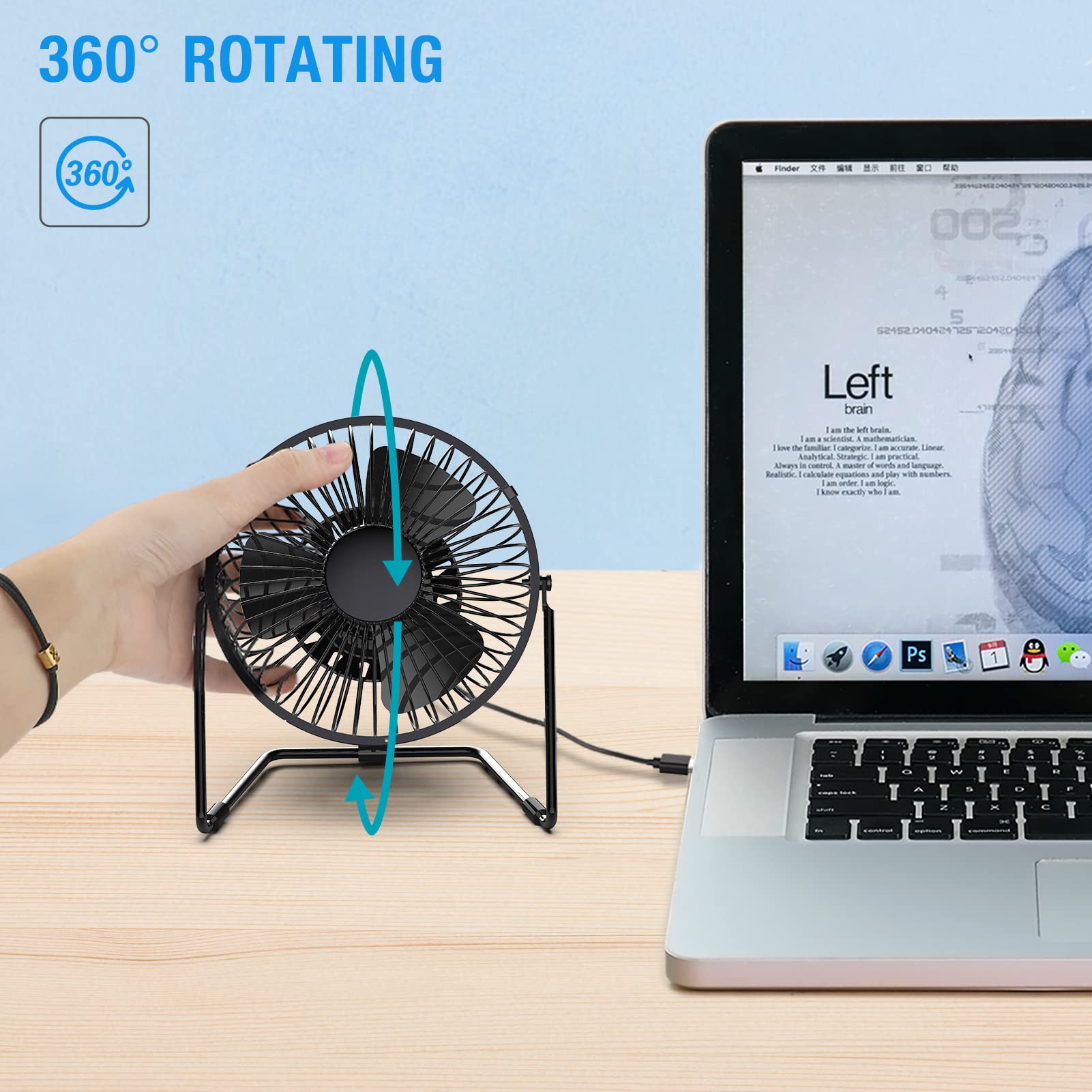 ALPIAZ 5 inch USB Fan, Portable Small Desk Fan, Mini Personal Fan with Two Speed Settings, Super Quiet Table Fan, Metal Design, 360° Up and Down, Perfect for Home Office