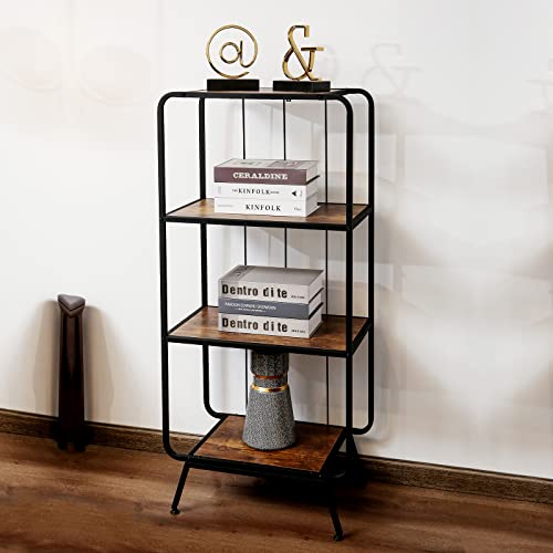 4-Tier Bookshelf, Modern Wooden Bookcase with Metal Frame, Vertical Standing Shelf for Bedroom, Living Room and Home Office, Storage Rack, Display Shelf for Plant, Book and Craft, Rustic Brown