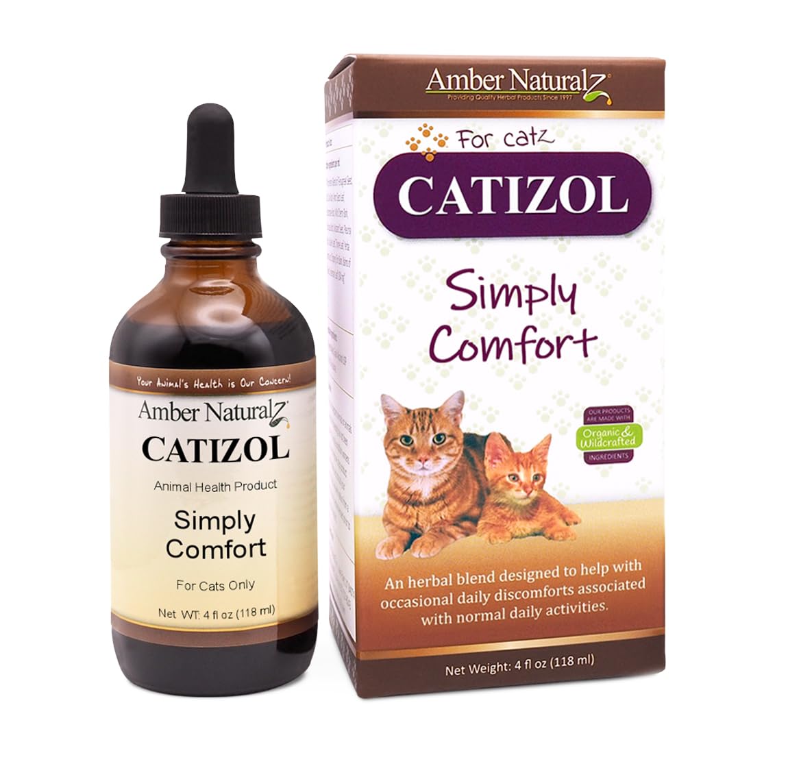 Amber NaturalZ Catizol Simply Comfort Herbal Supplement for Cats | Feline Support for Occasional Discomforts and Normal Body Temperature | 4 Fluid Ounce Glass Bottle | Manufactured in The USA