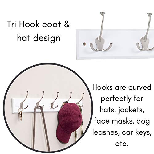 BIRDROCK HOME Tri Hook Coat Rack - 5 Hooks - Wall Mount Hat Rack - White Finish - Satin Nickel Hooks