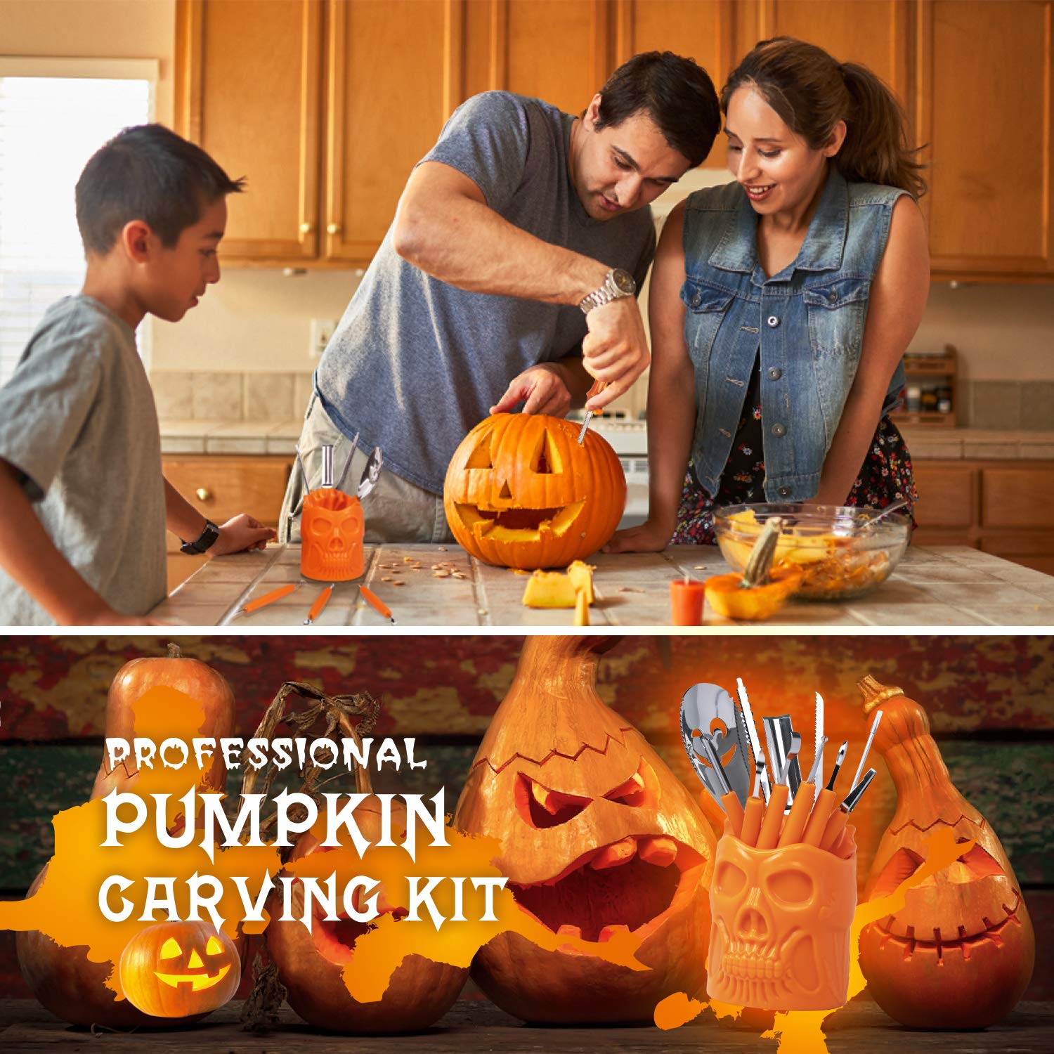 Halloween Pumpkin Carving Kit,Jack-O-Lanterns 11 Piece Professional Pumpkin Cutting Carving Tools Stainless Steel Lengthening and Thickening Pumpkin Carving Set