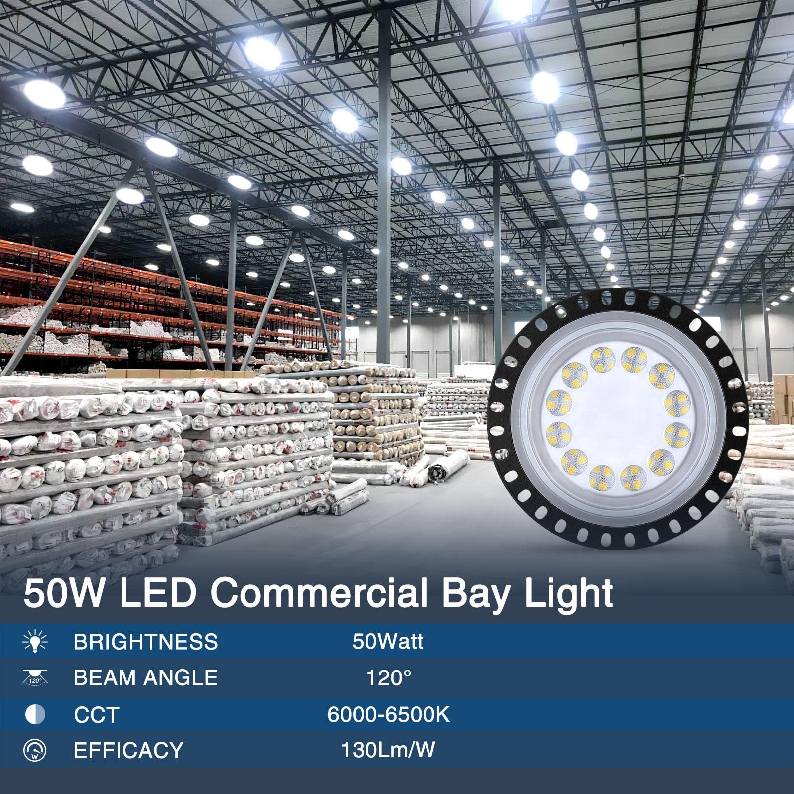 50W UFO LED High Bay Light, 6000-6500K Cool White LED Workshop Light, Ultra Thin Factory Warehouse LED Industrial Lighting, IP65 Waterproof Commercial Bay Lighting for Garage Factory Gym