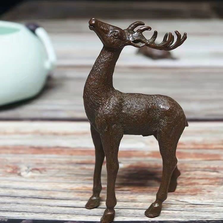 9cm Brass Retro Solid Sika Deer Ornament, Metal Fulu Statue Home Decoration Desktop Tea Pet Crafts Collection