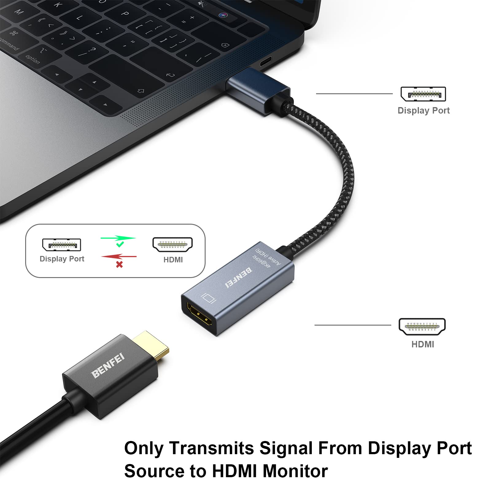 BENFEI Active DisplayPort to HDMI, DP to HDMI Adapter(4K@60Hz) Compatible with HP, ThinkPad, AMD, NVIDIA, Desktop and More - Male to Female, Space Gray