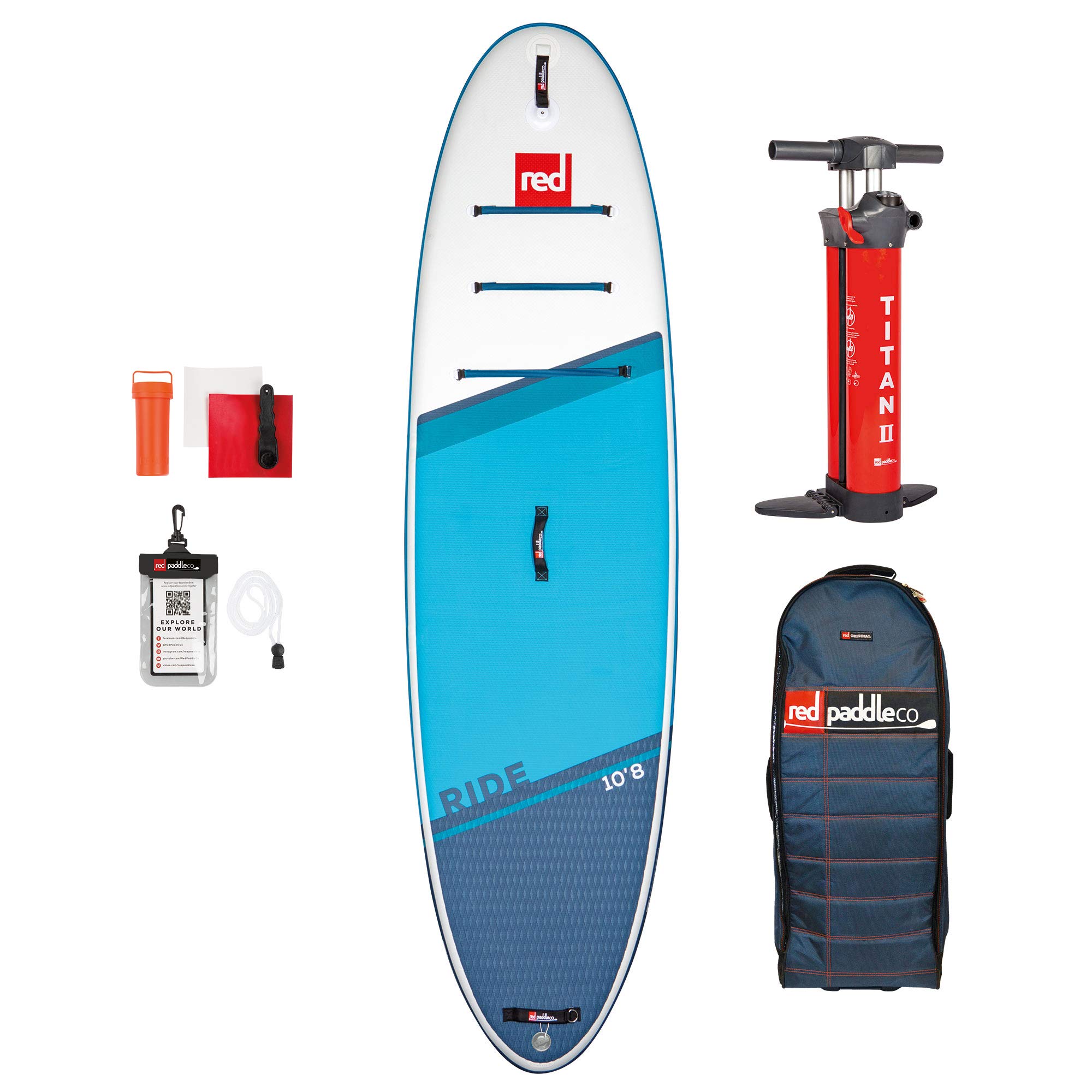 2021 Red Paddle Co 10'8 Ride | Durable Light Weight MSL Material | 18-25 PSI Rigidity | High Pressure Double Chambered Titan 2 Pump | Heavy Duty Wheeled Carry Bag | 5 Year Warranty