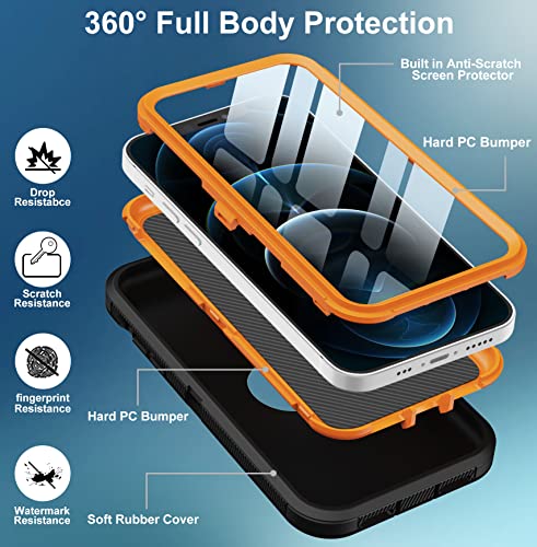 Aimoll-88 iPhone 12 Pro Max Case, Built-in Screen Protector, Heavy Duty Drop & Shockproof, Dust-Proof, Rugged Full Body Cover (Black/Orange)