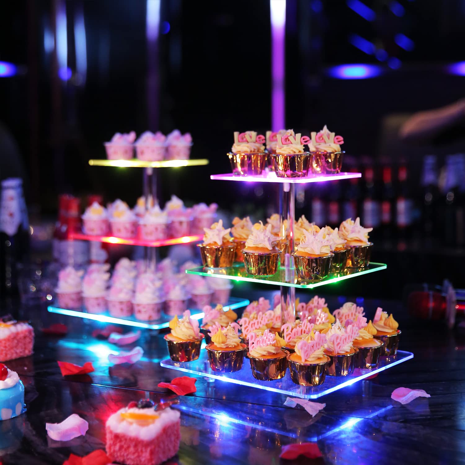 2 Set - 3 Tiers LED Acrylic Cupcake Stand, Rechargeable Clear Dessert Display Stand Cupcake Tower for Christmas, Weddings, Anniversaries, Baby Showers, Birthday Parties