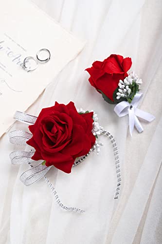 Aivanart Corsage and Boutonniere Set for Weddings,Burgundy Red Artificial Flower Wristlet Boutineers for Bride Shower Prom Formal Dinner Party Anniversary