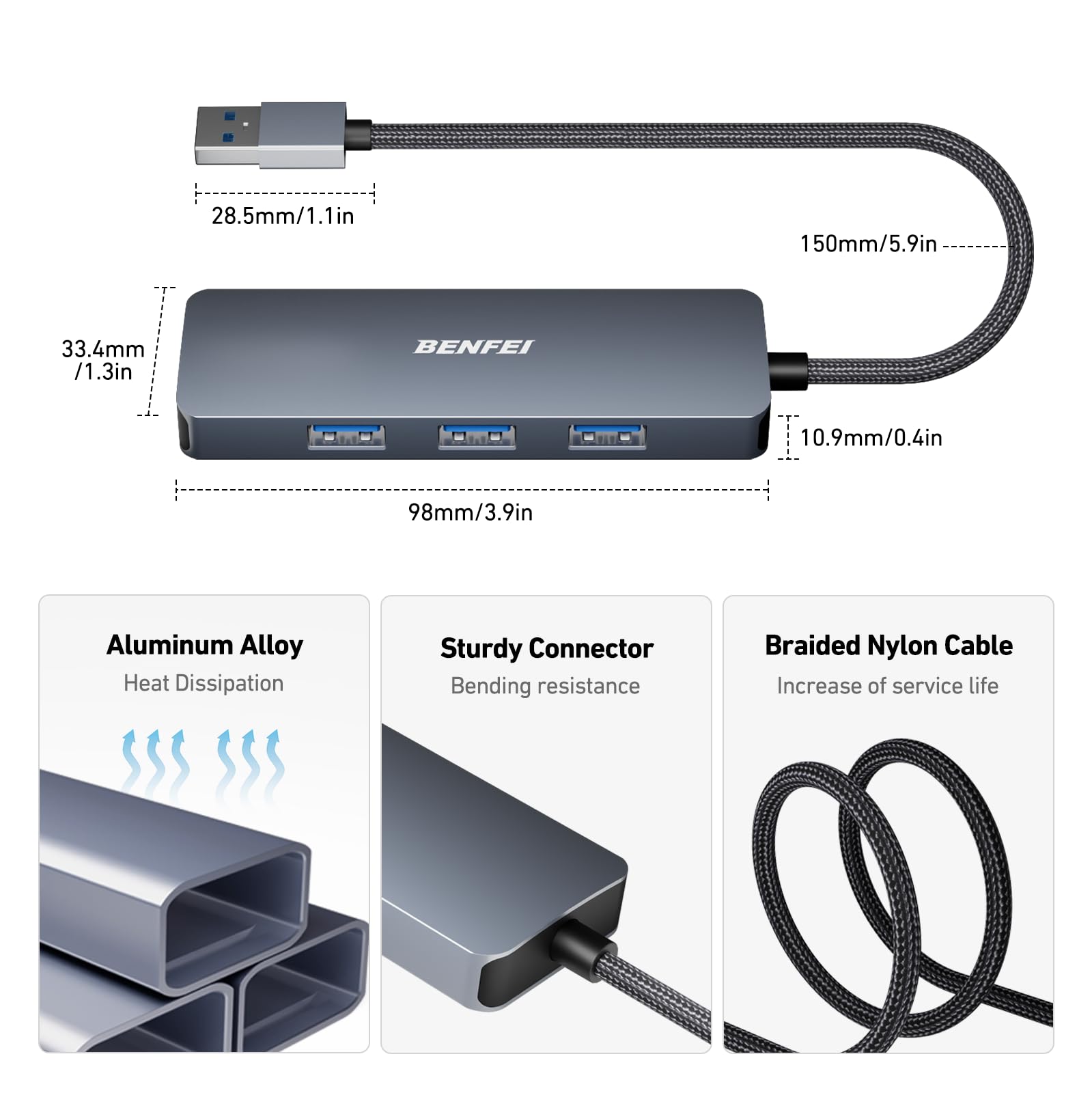 BENFEI USB 3.0 Hub, 4 Ports USB A Splitter Ultra-Slim USB Expander for Mouse, Keyboard, Flash Drive, U Disk, Printer Compatible with Laptop, Desktop PC, Xbox, PS5, and More