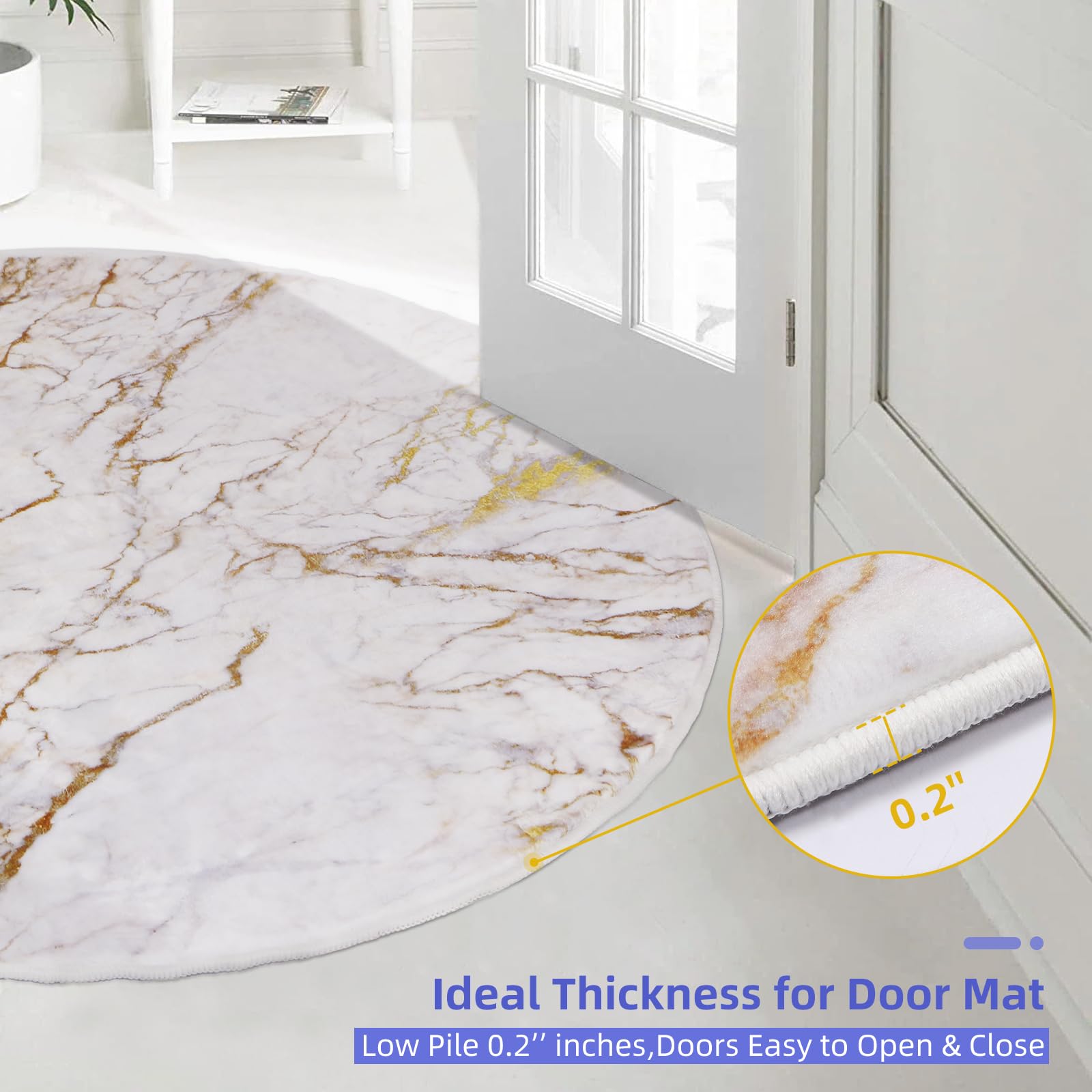 4Ft Soft Circle Rug - White and Gold Marble Pattern Round Area Rug, Washable Round Entryway Carpet with Non-Slip Rubber Backing - Ideal for Bedroom and Kids Room