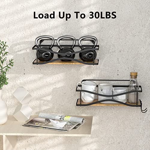 DatMou Floating Shelves Wall for Inside Kitchen, Bedroom, Living Room, Bathroom Storage and Decor, Wall Mounted Shelf with Metal Guardrail and Hooks, 2pcs