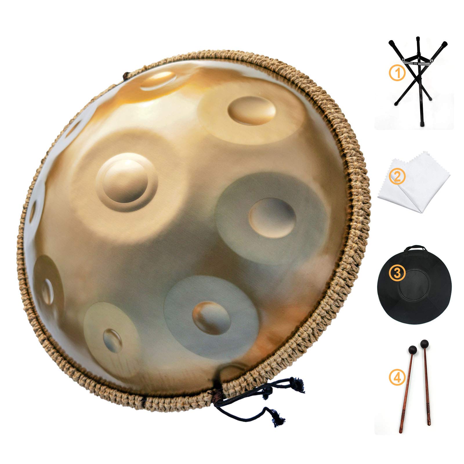 AS TEMAN HANDPAN, Handpan drum instrument in D Minor 9 Notes 440HZ 22 inches Steel Hand Drum with Soft Hand Pan Bag, 2 handpan mallet,Handpan Stand,dust-free cloth,gold