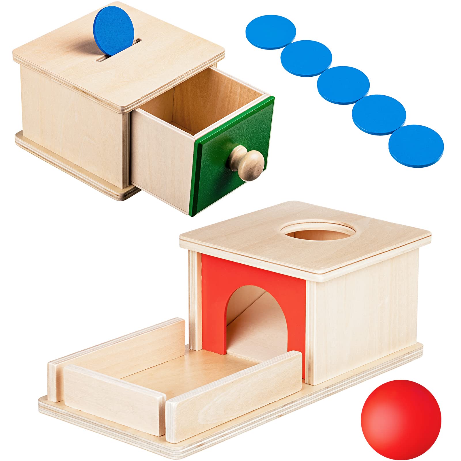 2 Pieces Coin Box Wooden Object Permanence Box Montessori Toys with 5 Coins, a Tray and a Ball for Preschool Learning Material