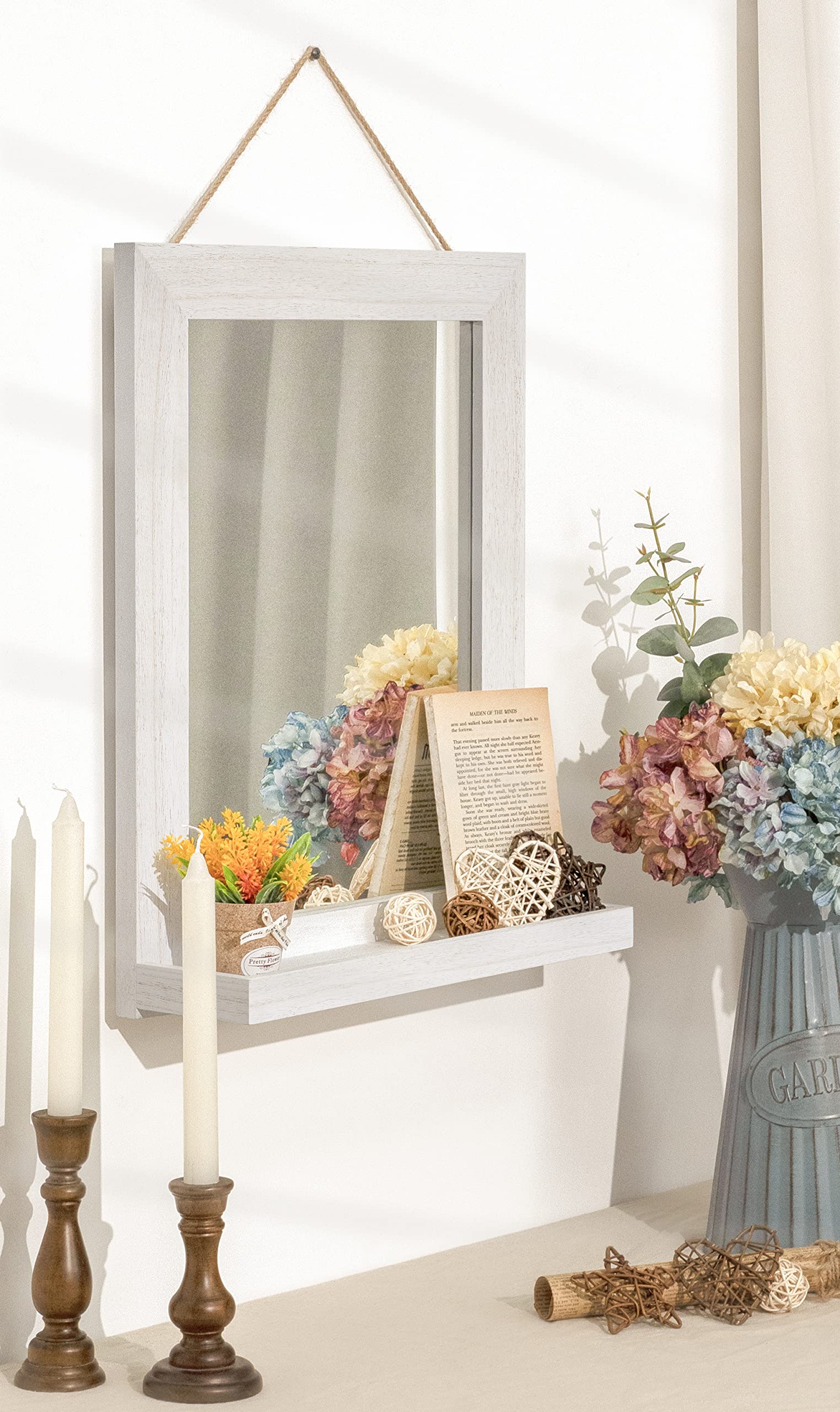 Emfogo Wall Mirror with Shelf, 20 x 16 inch Farmhouse Decor Wall Mirror Hanging for Bathroom, Vanity, Bedroom, Entryway, Living Room (Weathered White)