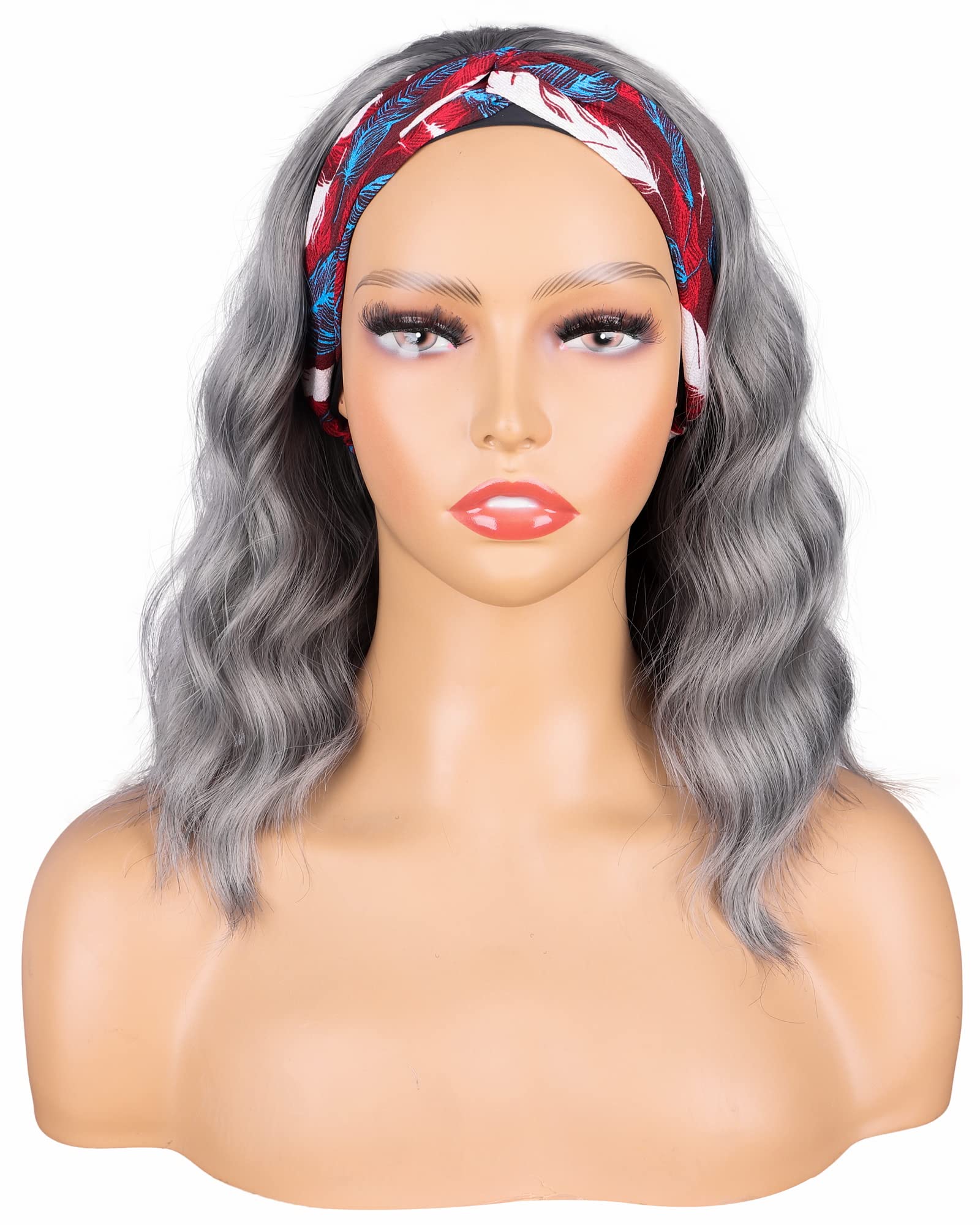 SYMEIW Silver Grey Wavy Headband Wig For Black Women Curly Half Wigs With Headband Attached Synthetic Wrap Wigs Turban Wigs For Women(Gray)…