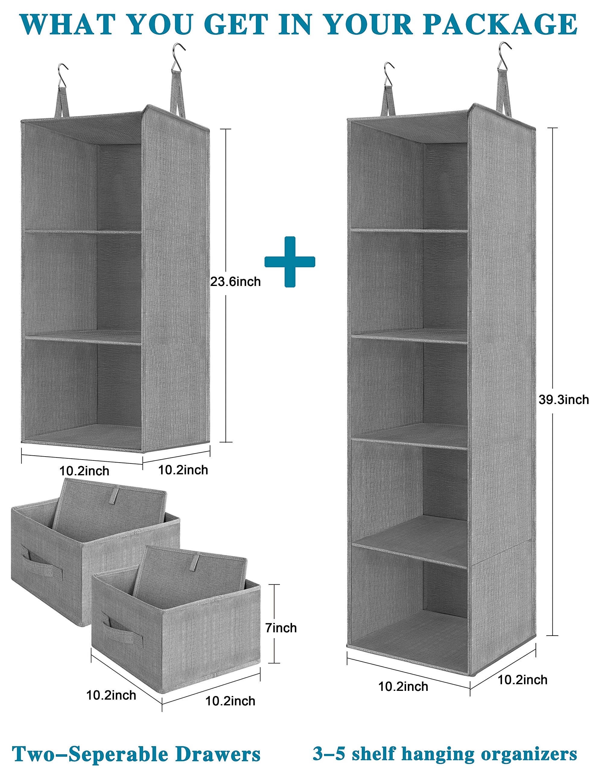 8-Shelf Hanging Closet Organizer with 2 Drawers, 3-Shelf and 5-Shelf Separable Closet Hanging Organizer,Fabric Cloth Hanging Shelf with 2 Sturdy Hooks for Home Clothes Toy Storage, Gray