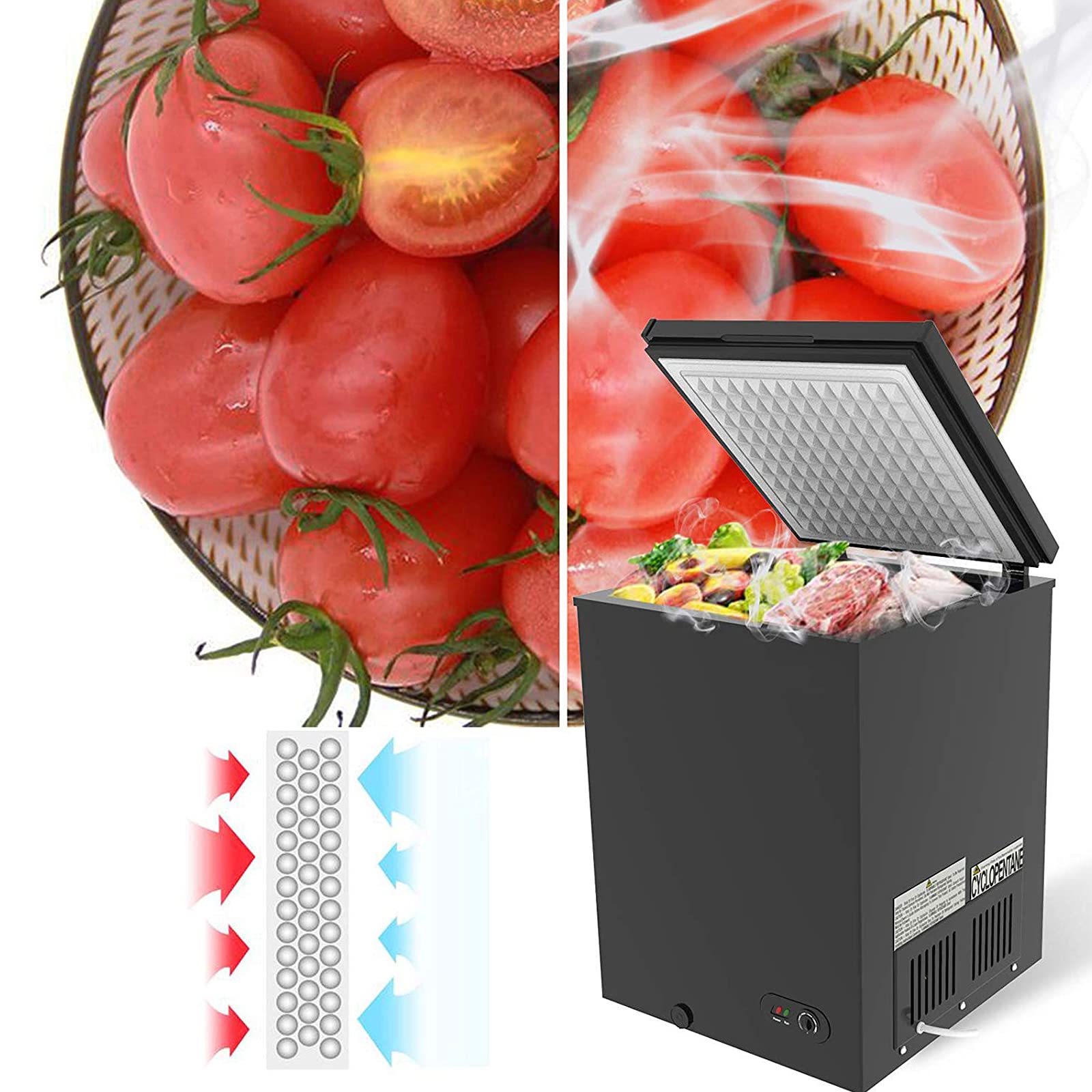 3.5 CU.FT Chest Freezer, Portable & Compact Freezer with Adjustable thermostat, for Meat, Vegetable, and Drinks, Home/Camping/Party, (Black), Chrome