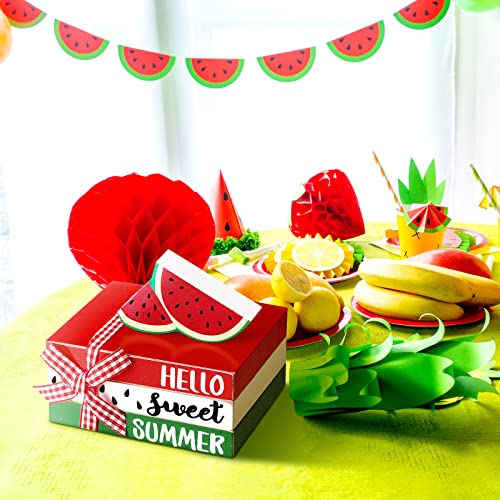 6 Pcs Watermelon Tiered Tray Decor Rustic Watermelon Summer Decor Farmhouse Watermelon Decor Summer Tiered Tray Decor Includes Wooden Bead Garland with Tassels Hello Sweet Summer Watermelon Book Stack