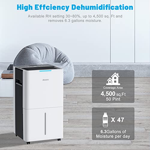 4,500 Sq. Ft Dehumidifier for Basements and Home, Aiusevo 50 Pint Dehumidifiers with Drain Hose Ideal for Large Room, Bedroom, Quietly Removes Moisture, 3 Modes Deshumidificador, Child Lock, 24H Timer