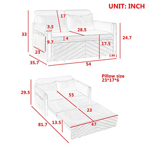 54" Pull Out Couch for Living Room, Convertible Sofa Bed with 2 Detachable Arm Pockets and Velvet Loveseat Multi-position Adjustable Sofa with Bedhead and 2 Pillows for Bedroom, Movie Room - Grey