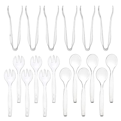 Disposable Plastic Serving Utensils Set - 18 Pack for Parties and Events - Heavy Duty Plastic - Clear 10" Spoons, Forks, and 6" Tongs - Perfect for Serving - Great Value