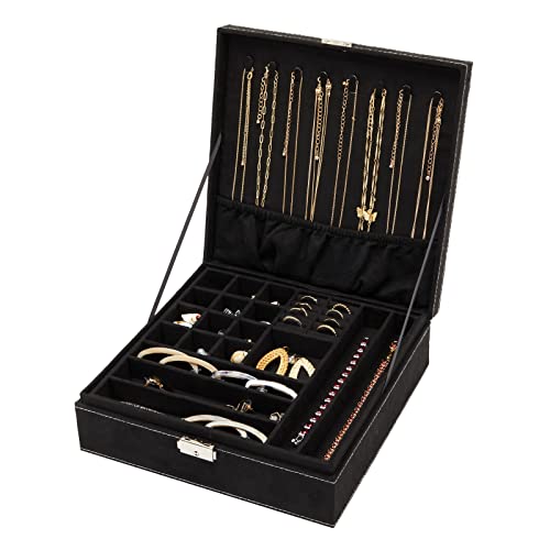 Black Jewelry Box with Lock and Key, 2 Layer Travel Display Case and Storage Organizer with Removable Tray for Earrings, Men, Girls, and Women (10.5x10.5x3.5 in)