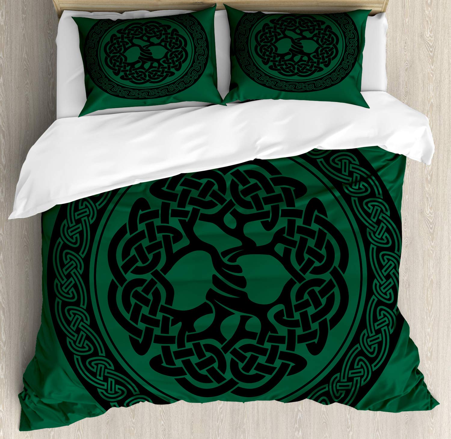 Ambesonne Celtic Duvet Cover Set, Monochrome Tree of Life Illustration Timeless European Motif, Decorative 3 Piece Bedding Set with 2 Pillow Shams, Queen Size, Forest Green Black