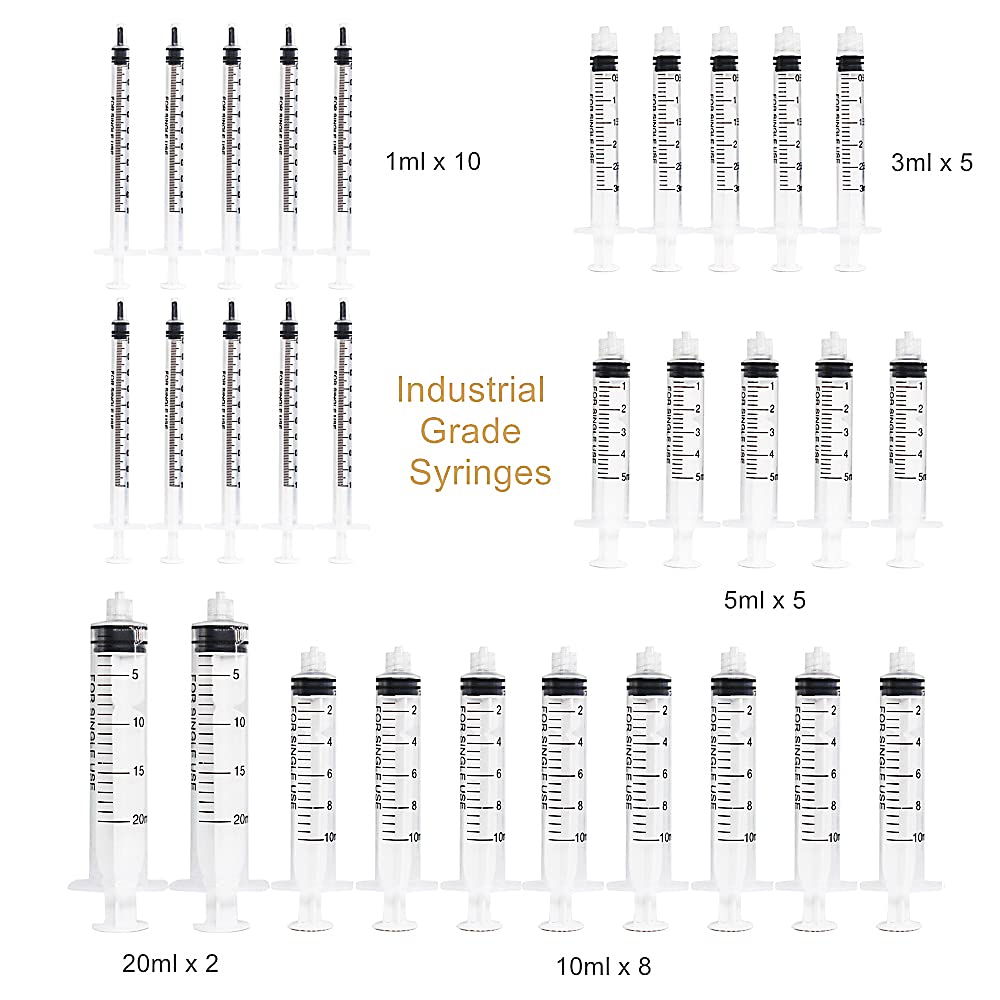 BSTEAN 30 Pack - 1ml, 3ml, 5ml,10ml, 20ml Syringes with 14ga, 16ga,18ga, 20ga, 22ga and 25ga Blunt Tip Needles and Caps for Refilling and Measuring Liquids, Oil or Glue Applicator