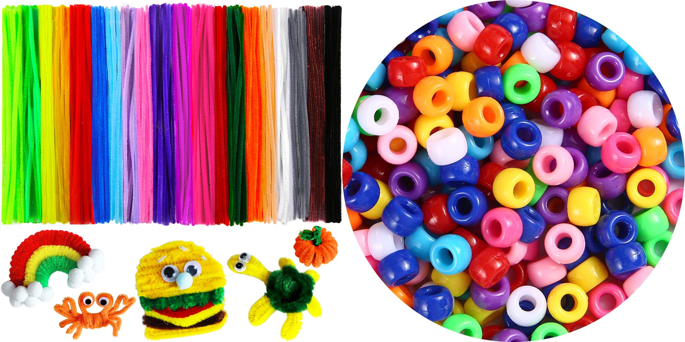 200 multi-color pipe cleaners+1000 multi-color pony beads bundle, pony beads, pipe cleaners, arts and crafts, jewelry making.