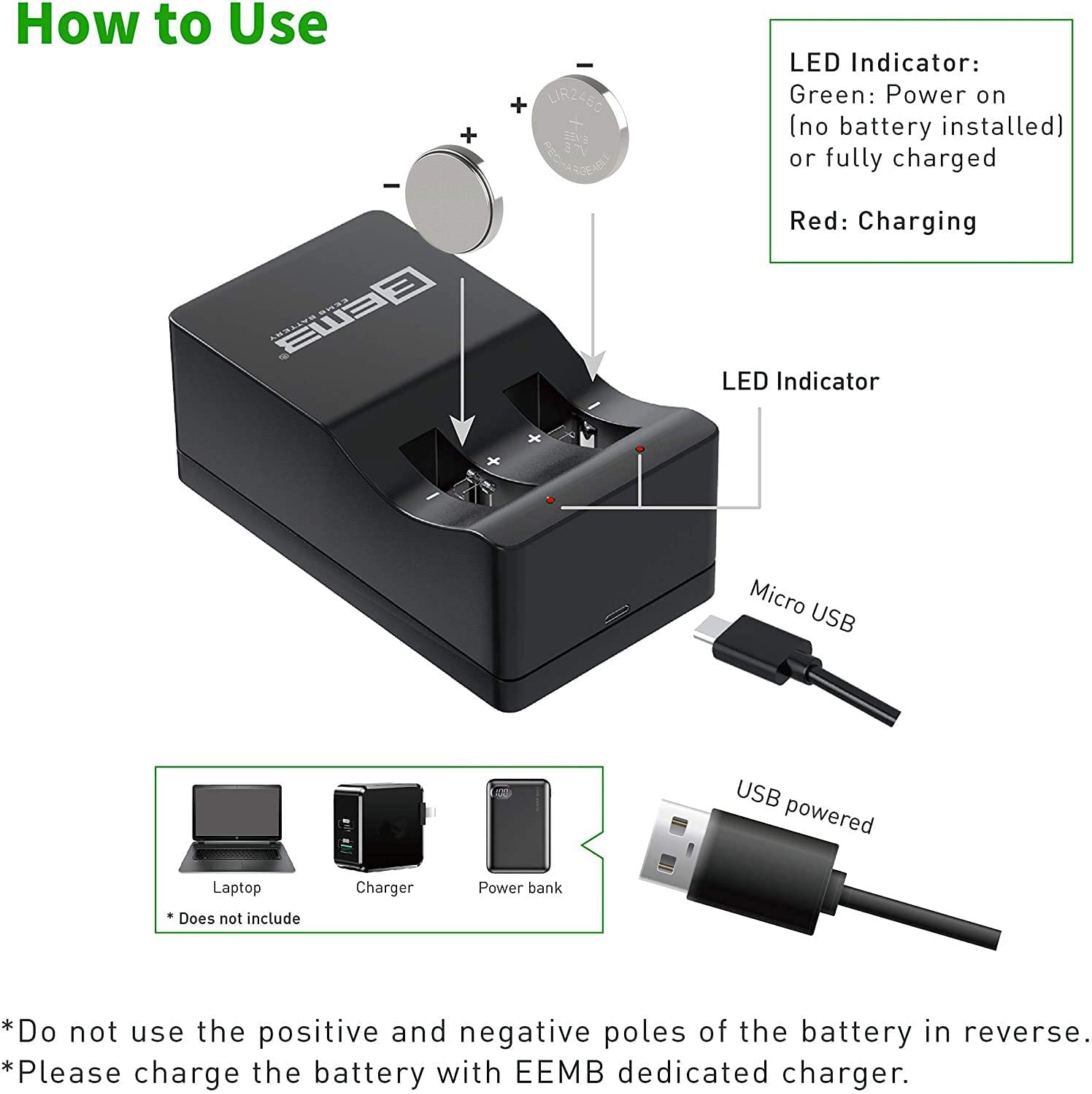 EEMB LIR2450 Rechargeable Battery 2450 Li-ion Battery Charger with 3.7V 120mAh Lithium-ion Coin Cell Battery