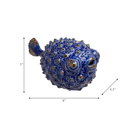 8" Puffer Fish Sculpture - Ceramic Blue Fish Figurine - Ocean Beach Theme - Contemporary Coastal Decorative Accent Statue for Home or Office Decor
