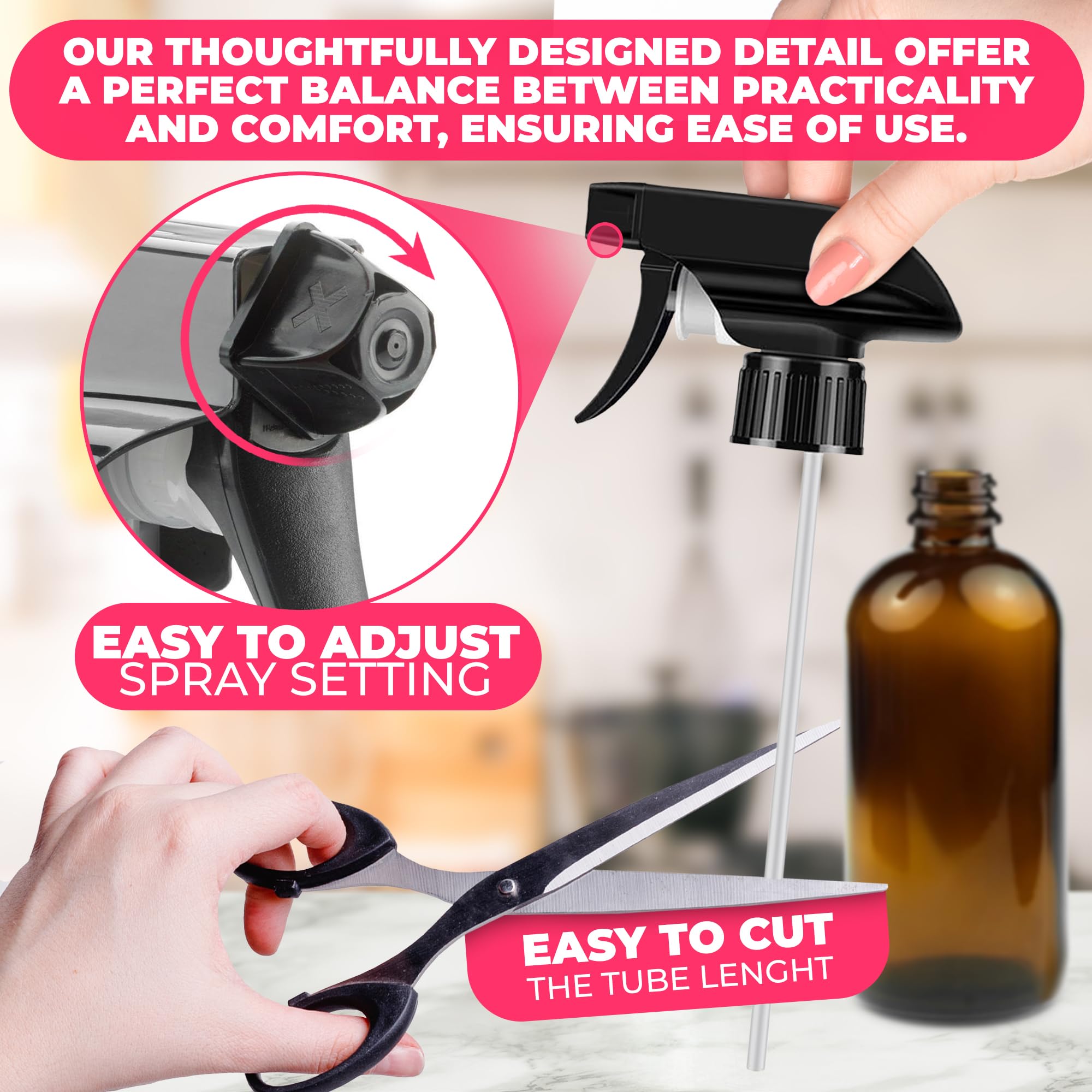 ALPENKOK 4 Pcs Spray Nozzle for Bottles - Spray Bottle Tops Replacement, Durable Plastic, Adjustable Length, 2 Spray Modes, Fits 8 Oz and 16 Oz Bottles, Good Sealable Fit for Home and Garden Use