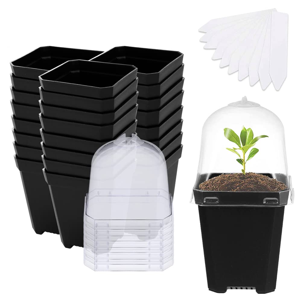 24 Sets 3 Inch Square Plant Nursery Pots with Humidity Domes Clear Lids Plant Labels, Seeds Starter Pot Planter Containers for Planting Seedlings
