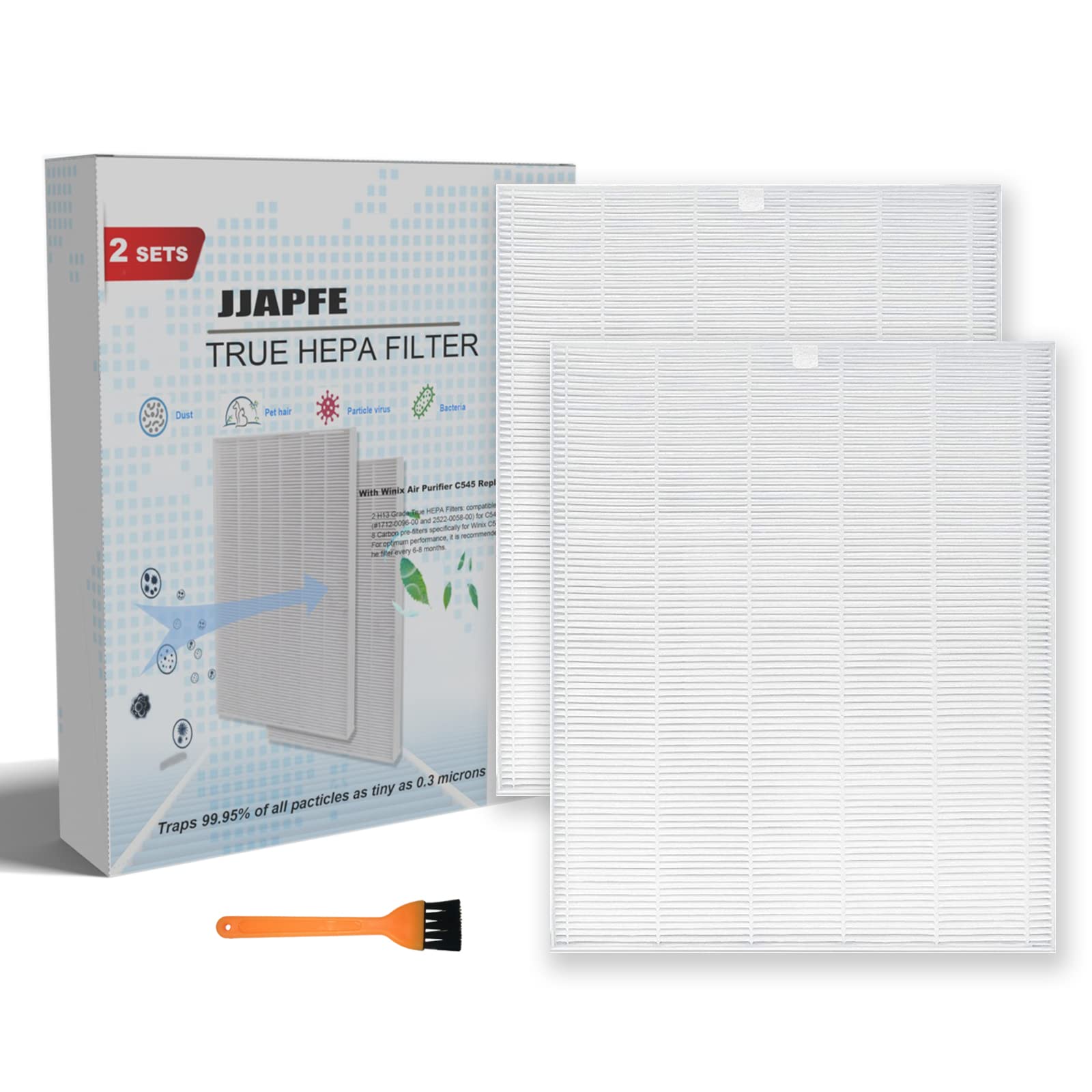 2-Pack C545 True HEPA Replacement Filters，for Winix C545 Replacement Filter and Compatible with Winix 5500-2 Air Purifier Filter Replacement，Replaces 1712-0096-00, 2 H13 Grade True HEPA + 1 Brush