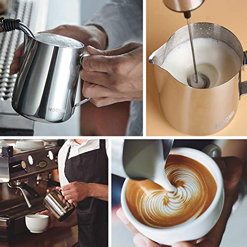 HOOMIL Milk Frothing Pitcher, 12oz/350ml Stainless Steel Steaming Pitcher Barista Milk Frother Cup Jug for Espresso Machine Coffee Cappuccino Latte Art - Silver