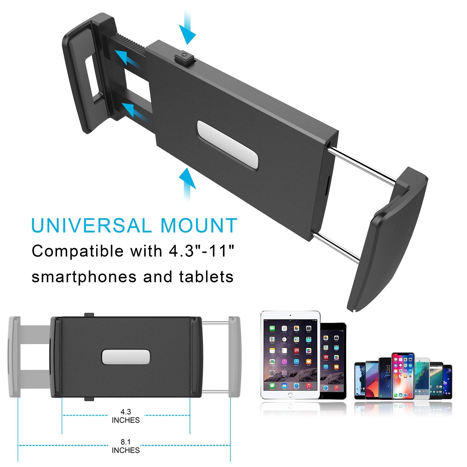 APPS2Car Tablet Holder for Car, Car Tablet Mount with Adjustable Clamp (Up to 8.3"), 10.57" Height Adjustable iPad Holder for 4.3"-11" Cell Phones & Tablets, Perfect Travel Companion