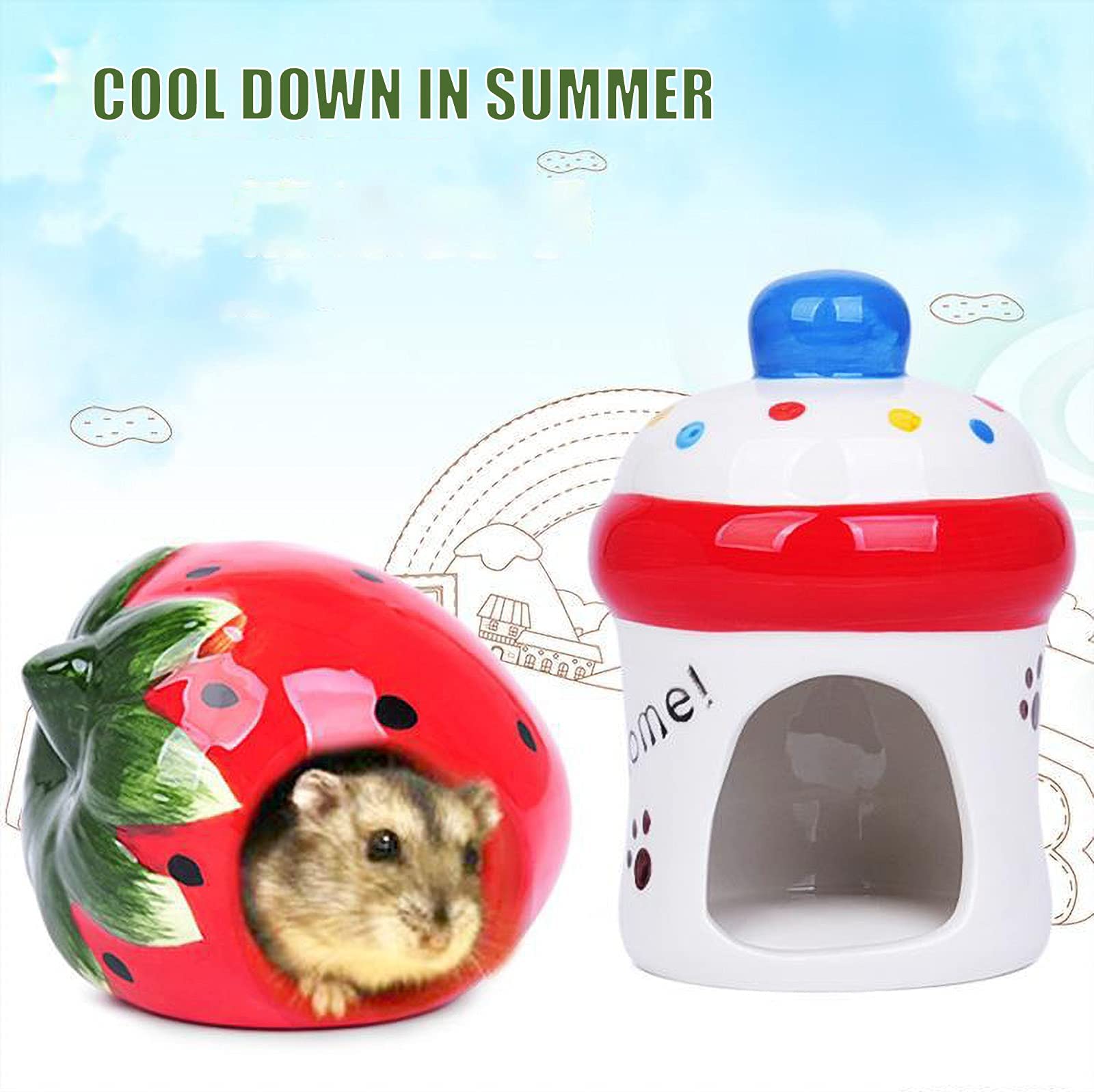 A/A Hamster Hideout Ceramic Pet House Cartoon Shape Hamster House Mini Hut Cage Critter Bath House for Chinchilla Hamster (Strawberry)