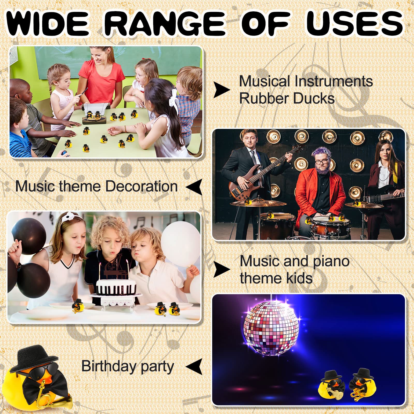 24 Sets Jazz Band Musical Instruments Rubber Ducks with Mini Felt Top Hats, Bowties, Instrument, Sunglasses, Bathtub Tiny Ducks Rubber Duckies Bulk for Ducky Baby Shower Game Birthday Party Pool Gift