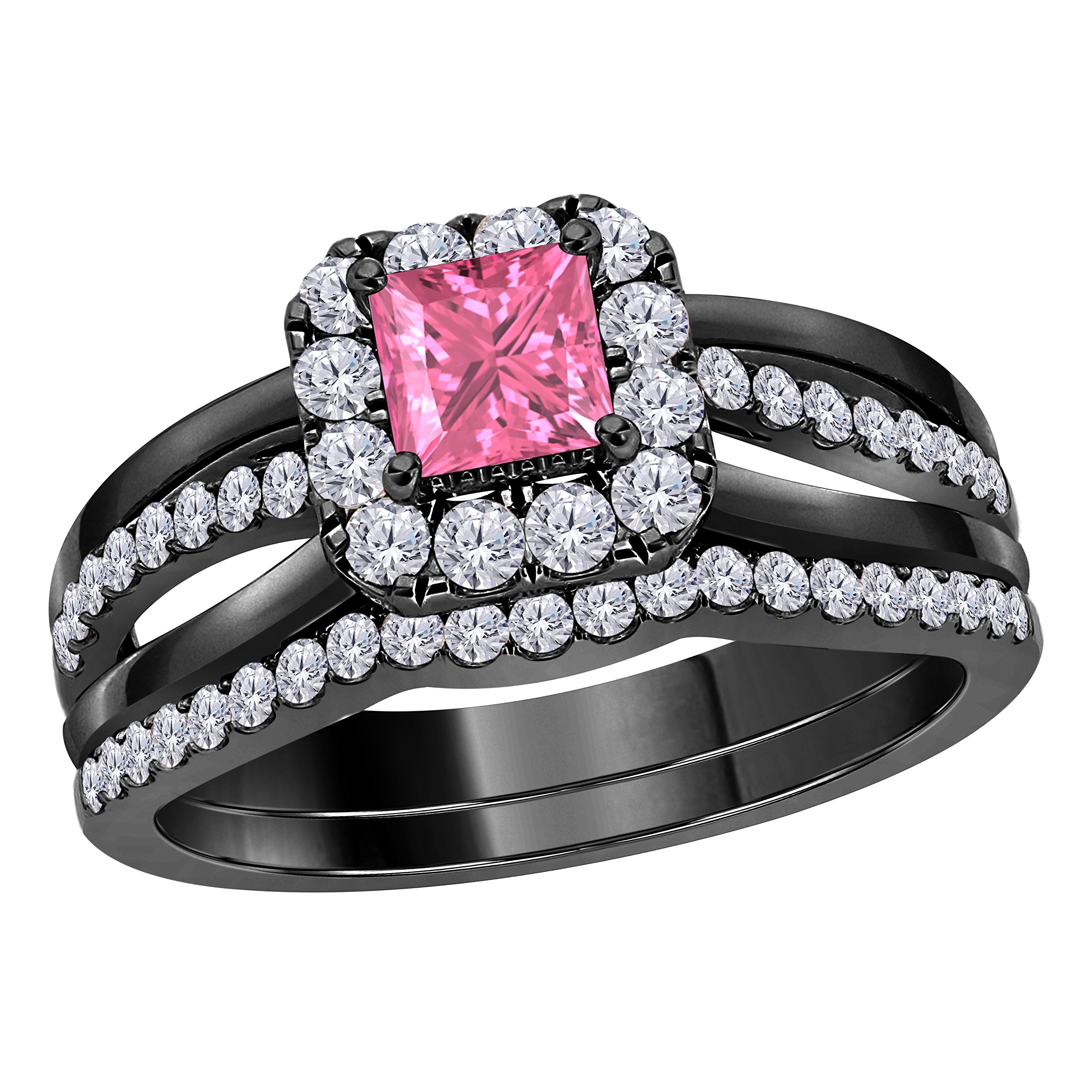 2.00 CT Princess Cut Created Pink Sapphire 14k Black Gold Rhodium Plated Split Shank Halo Style Wedding Engagement Ring Bridal Set