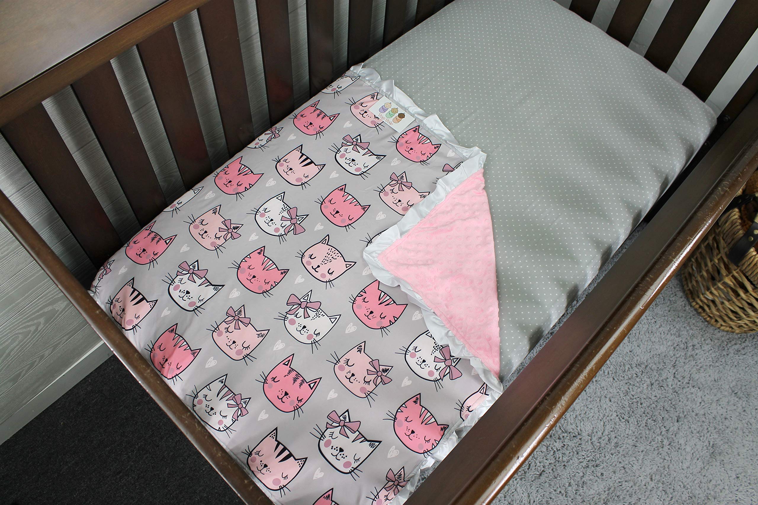 Baby Blanket - Kitty Cats on Grey with Pink Minky Dot and Satin Ruffled Edge