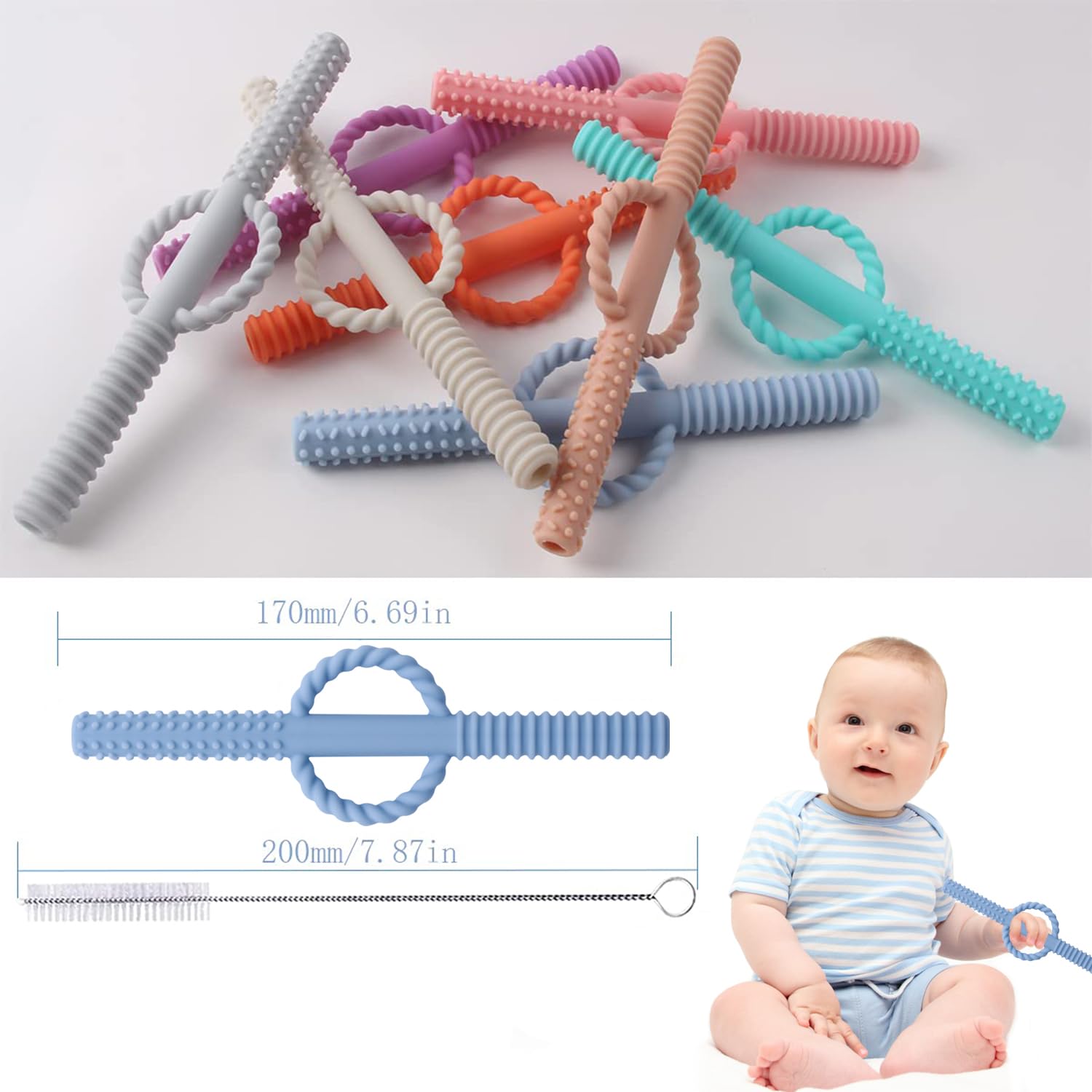 YAPROMO Hollow Teether Tube, Silicone Chew Straw Toy for Infant Toddlers 4 Pack Teething Toys for Babies BPA Free/Dishwasher and Refrigerator Safe