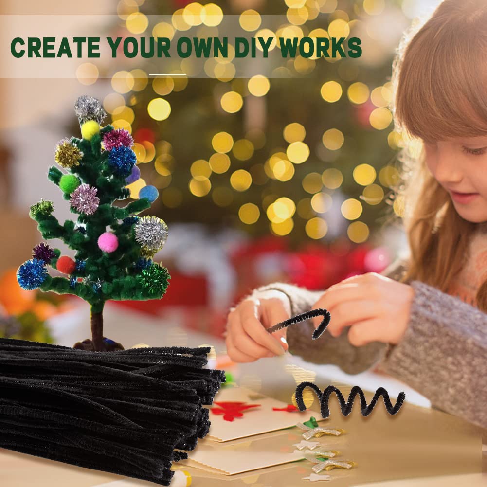 200 Pieces Pipe Cleaners Chenille Stem, Black Pipe Cleaners Set Craft Pipe Cleaners St. Patrick's Day Pipe Cleaners Chenille Stems for DIY Art Crafts Decorations Supplies (Black)