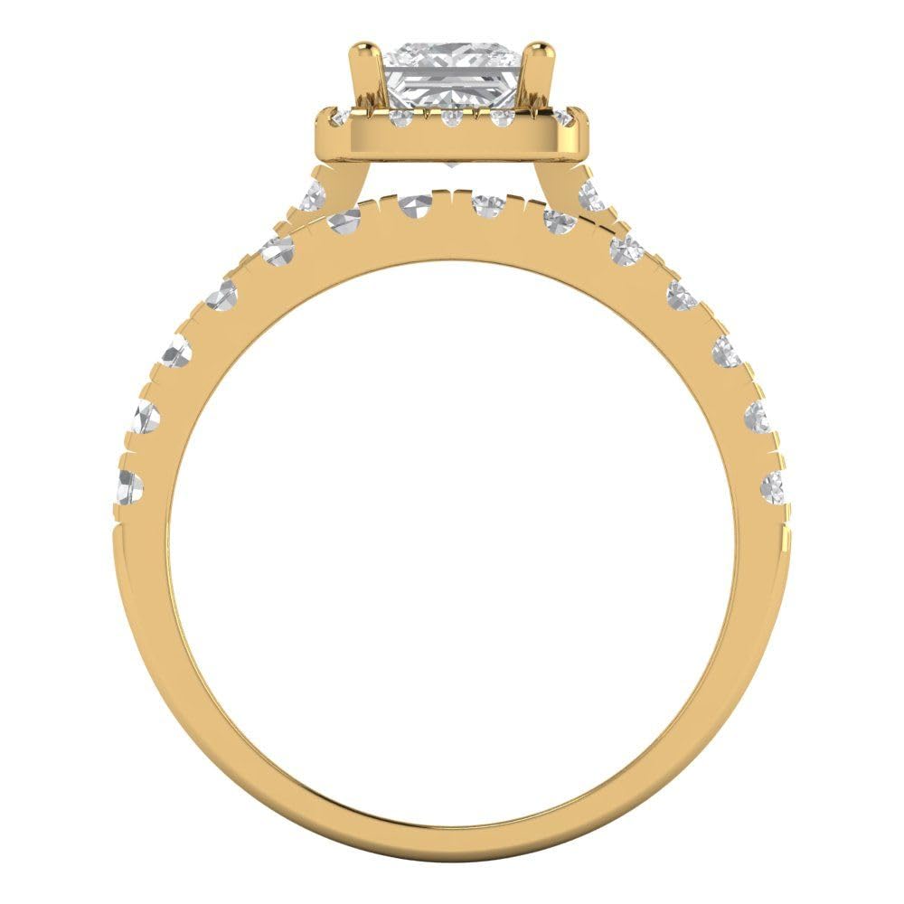 2.01 Carat Princess Cut Clear VVS1 Ideal Zircon 14k Yellow Gold Halo W/Accents Wedding Anniversary Ring Band Set Size 7.75