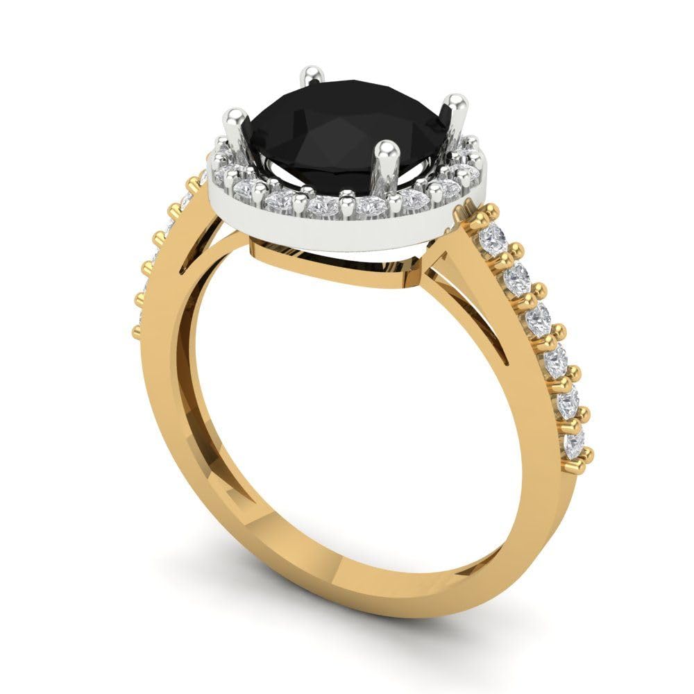 2.5 ct Round Cut Solitaire W/Accent Halo Natural Black Onyx Art Deco Wedding Statement Bridal ring 18K 2 tone Gold Size 9.5